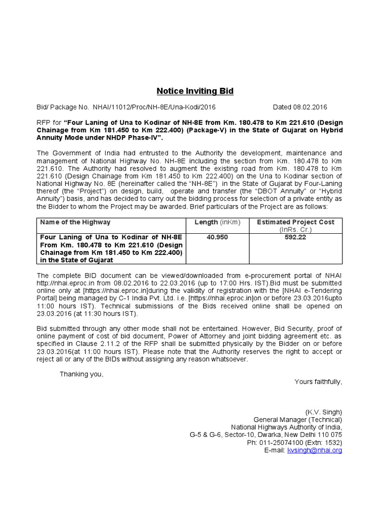 Notice Inviting Bid: Name of The Highway Length (Inkm) Estimated Project Cost 40.950 592.22 ...