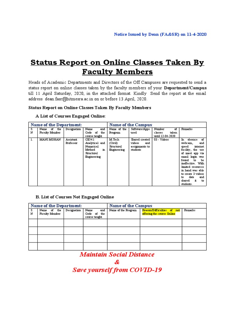 Status Report on Online Classes Taken by Faculty Members During COVID ...
