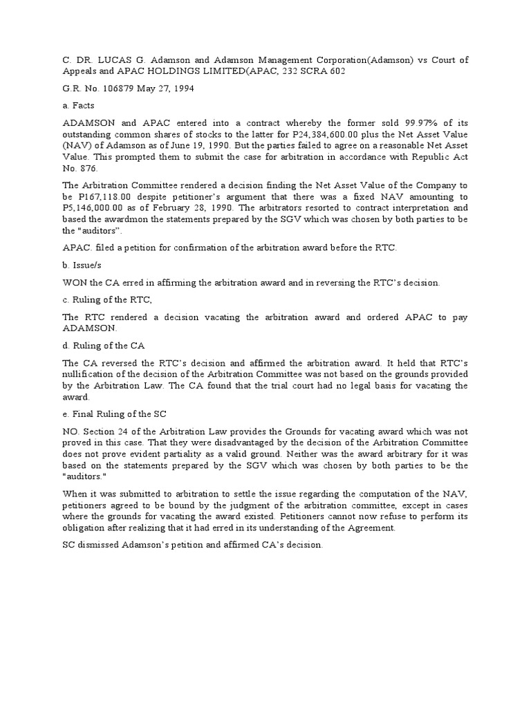 Arbitration Dispute: Adamson vs APAC | PDF
