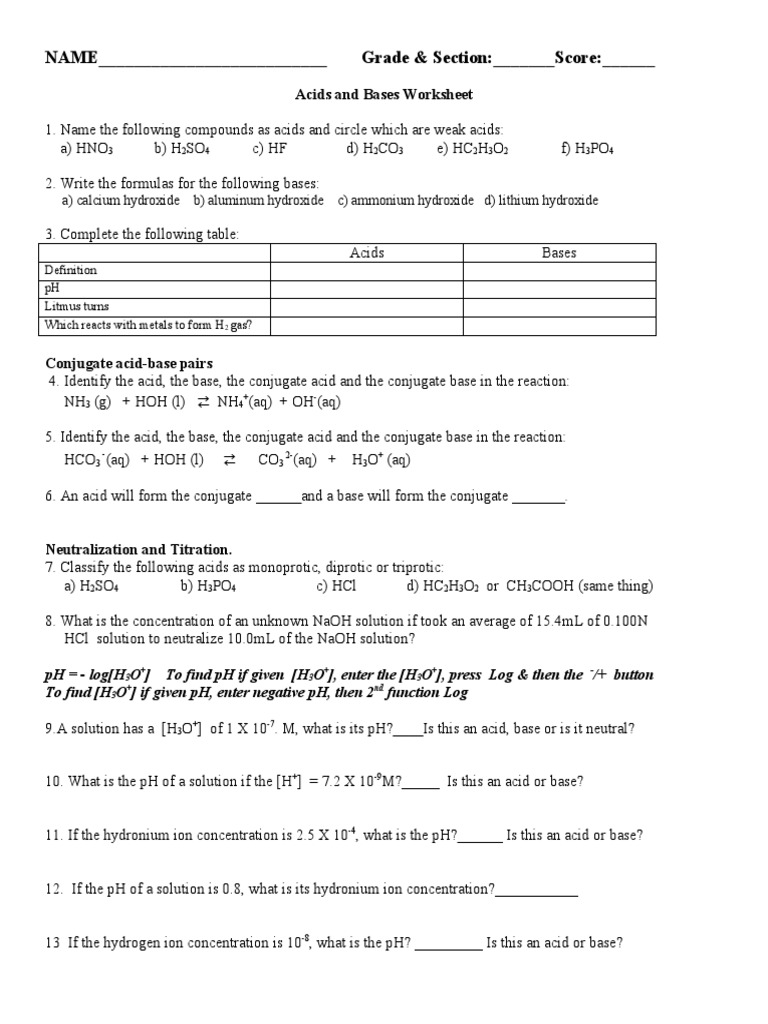 Chemistry Worksheet for Students | PDF | Acid | Ph