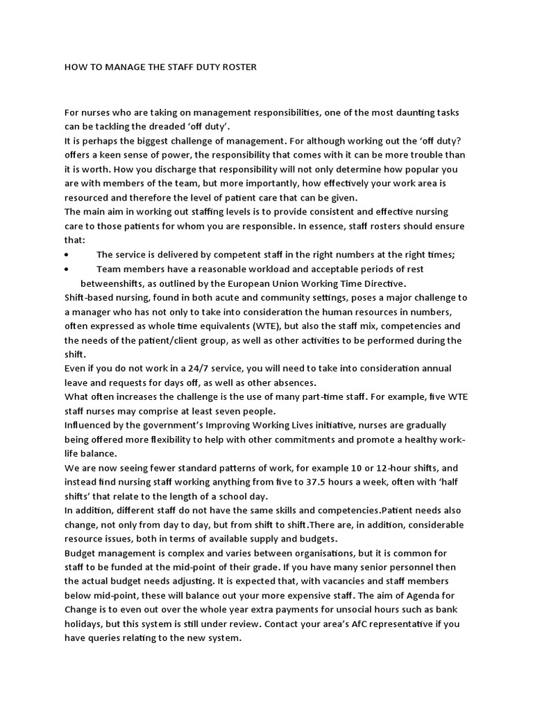 Duty Roster | PDF | Nursing | Human Resources