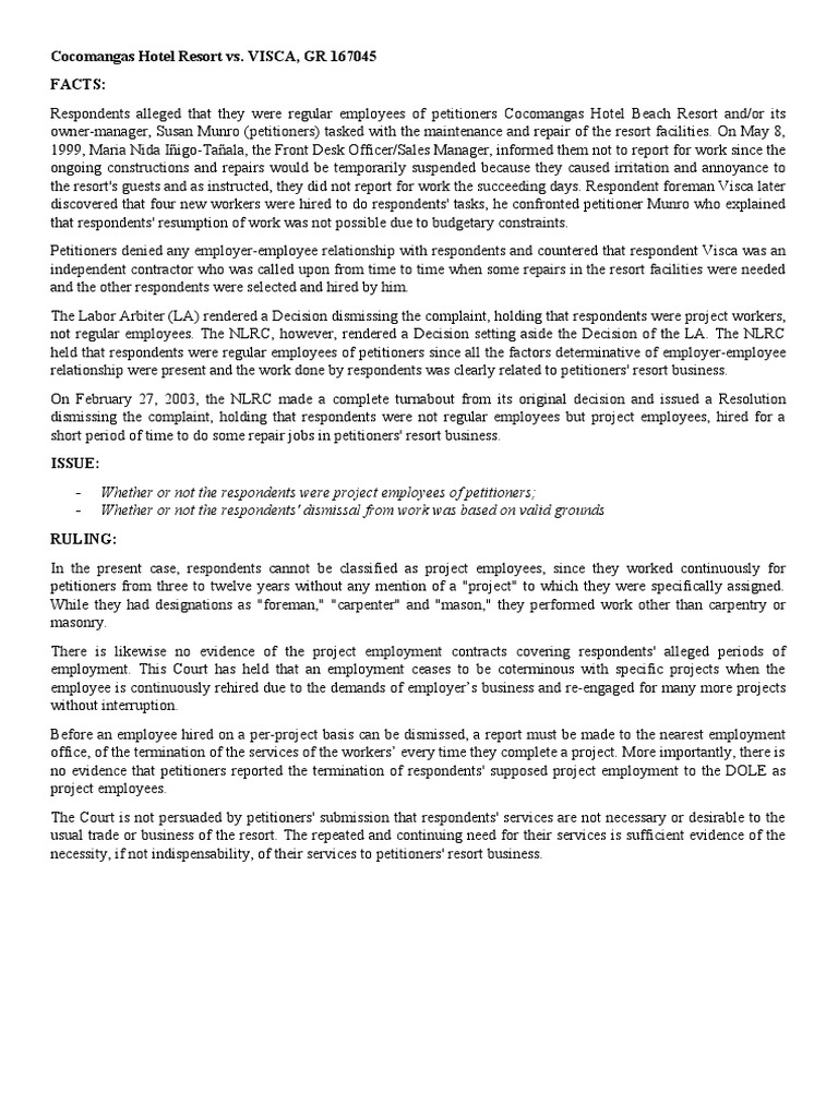 Cocomangas Hotel Resort vs. VISCA, GR 167045 | PDF | Employment ...