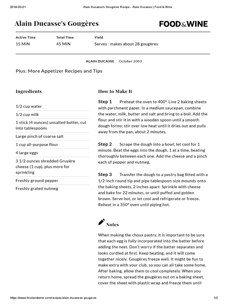 Alain Ducasse's Gougères Recipe | PDF | Western Cuisine | Regional ...