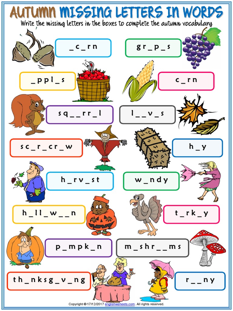 Autumn Vocabulary Esl Missing Letters in Words Worksheet For Kids | PDF