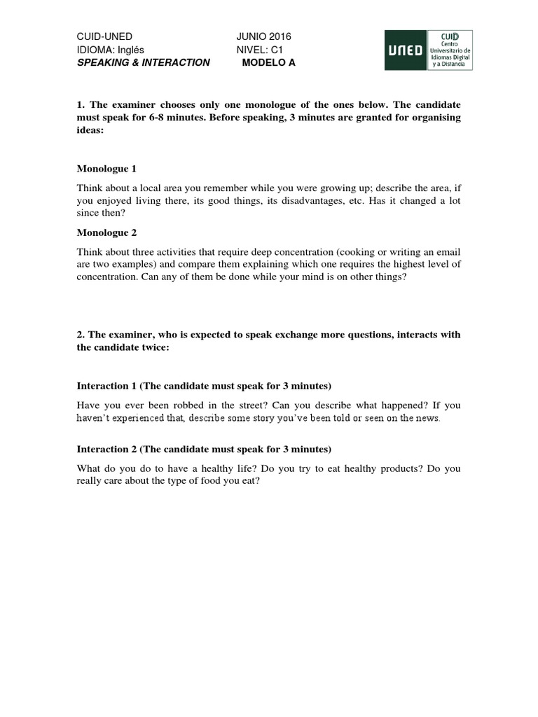 Speaking & Interaction: Cuid-Uned JUNIO 2016 IDIOMA: Inglés Nivel: C1 | PDF