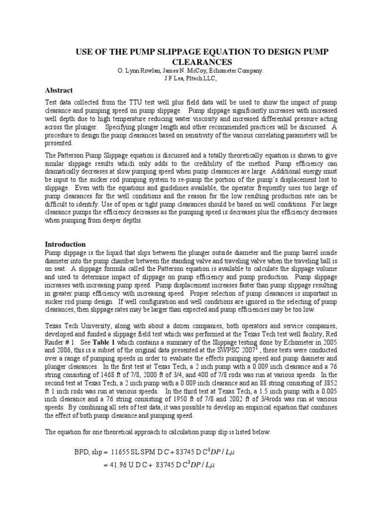 Pump Slippage Equation To Design Pump Clearances | PDF | Barrel (Unit ...