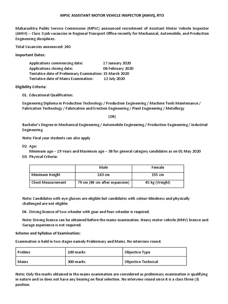MPSC Assistant Motor Vehicle Inspector (Amvi), Rto | PDF | Engines ...