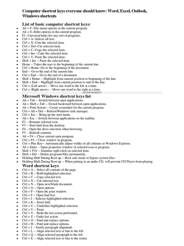 Computer Shortcut Keys Everyone Should Know: Word, Excel, Outlook ...