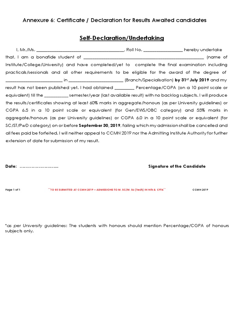 Results Awaited Declaration Form | PDF