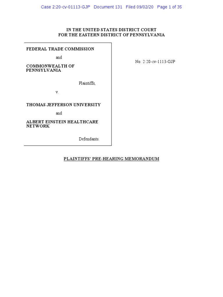 Pretrial Memorandum by Federal Trade Commission | PDF | Hospital | Patient