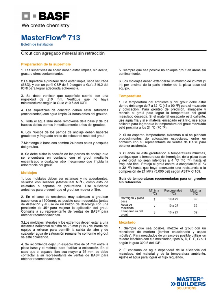 MasterFlow-713 Boletin de Instalación | PDF | Tecnología e ingeniería