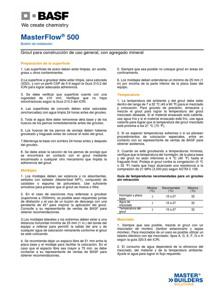 MasterFlow-500 Boletin de Instalación PDF | PDF