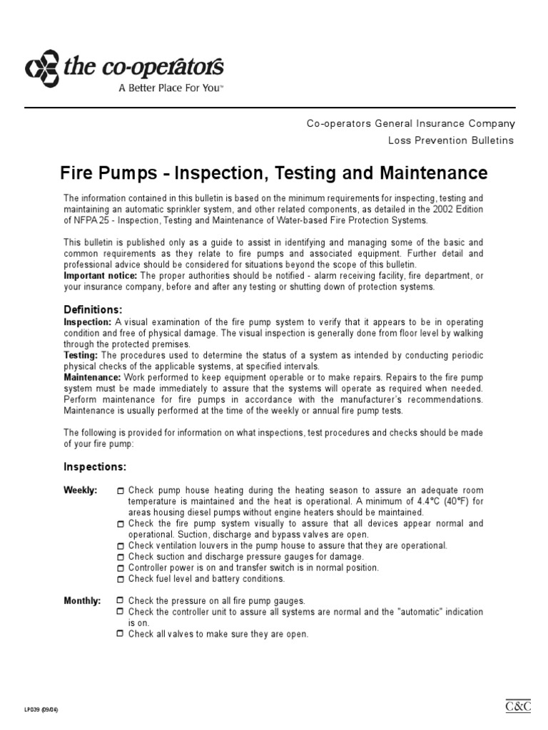 Fire Pumps - Inspection, Testing and Maintenance | PDF | Pump | Engines