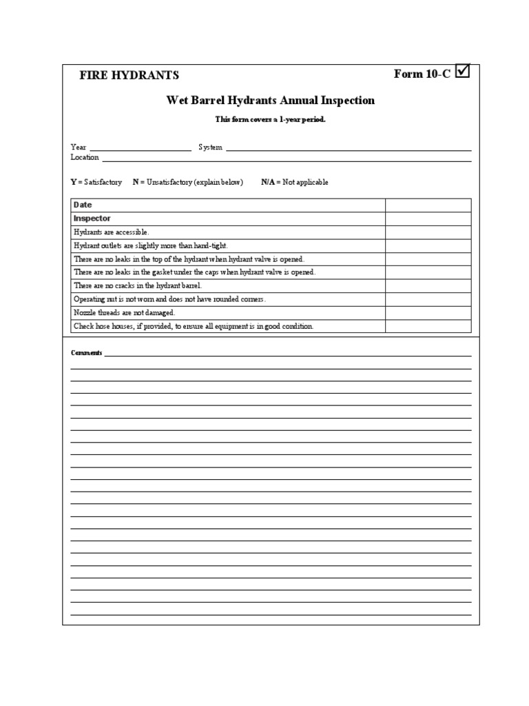 Fire Hydrants Form 10-C Wet Barrel Hydrants Annual Inspection | PDF