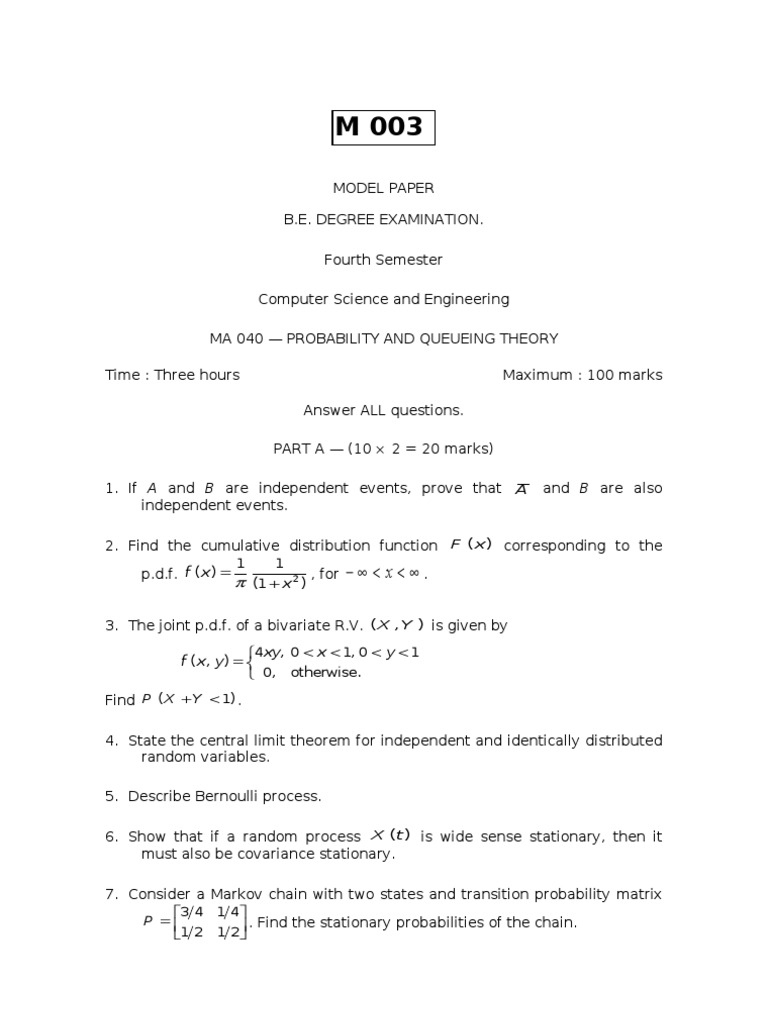 PQT - Model Question Paper | PDF | Markov Chain | Probability Density Function