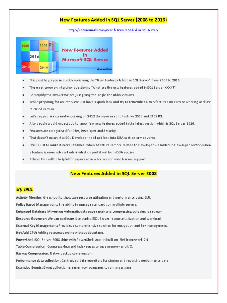 New Features Added in SQL Server (2008 To 2016) | Download Free PDF ...