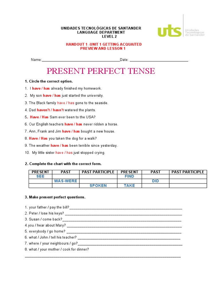 Present Perfect Tense Practice Handout | PDF | Cognitive Science | Syntax