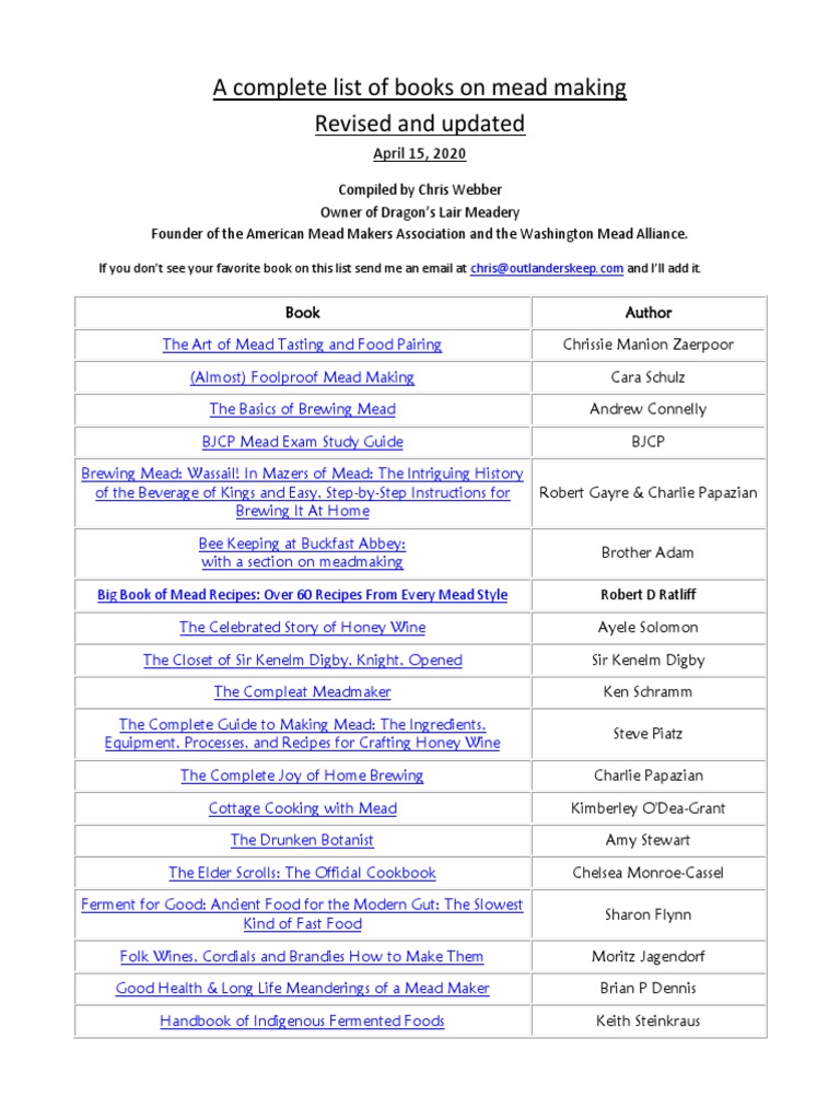 Comprehensive Mead Making Book List | PDF | Winemaking | Winery