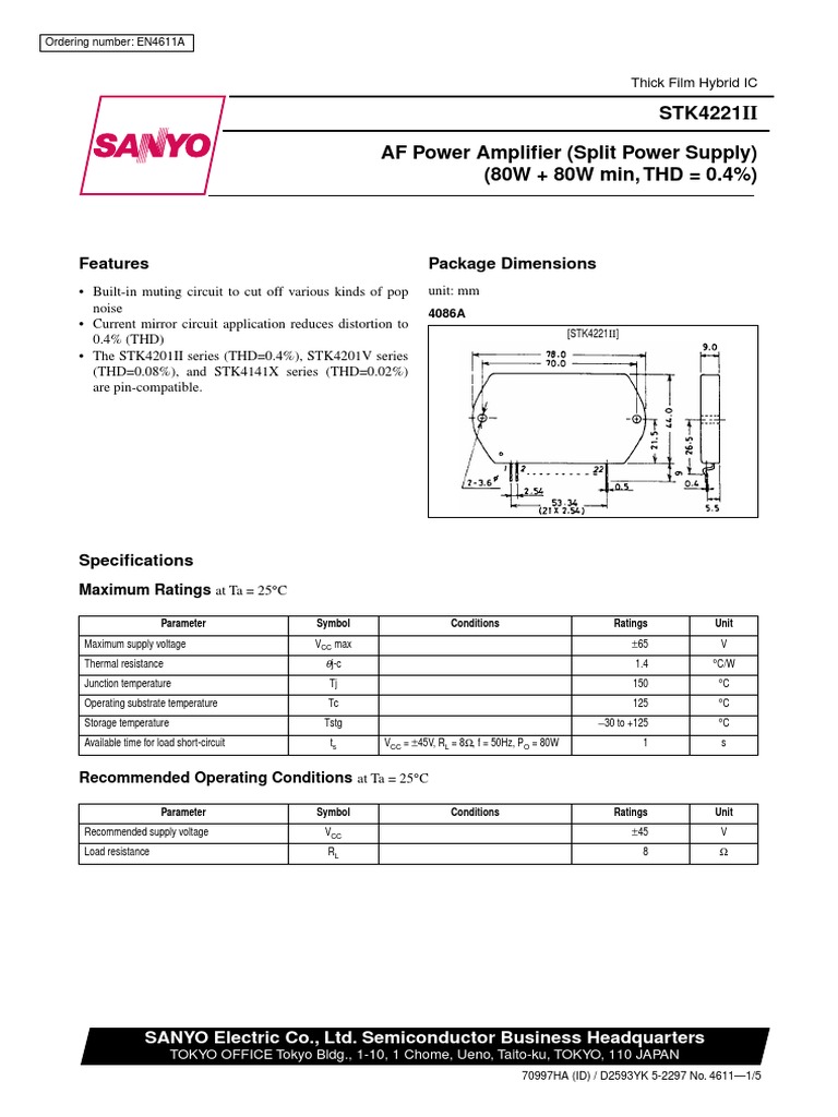 STK4221 AF Power Amplifier (Split Power Supply) (80W + 80W Min, THD 0.4 ...