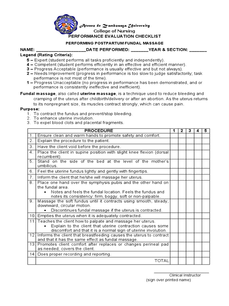 Performing Postpartum Fundal Massage: - Clinical Instructor (Sign Over ...