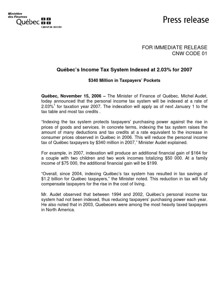 Press Release: Québec's Income Tax System Indexed at 2.03% For 2007 ...