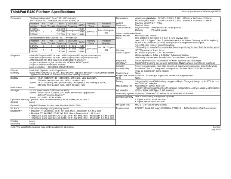 Thinkpad E480 Platform Specifications: Lenovo July 2020 | PDF | Solid State Drive | Hdmi