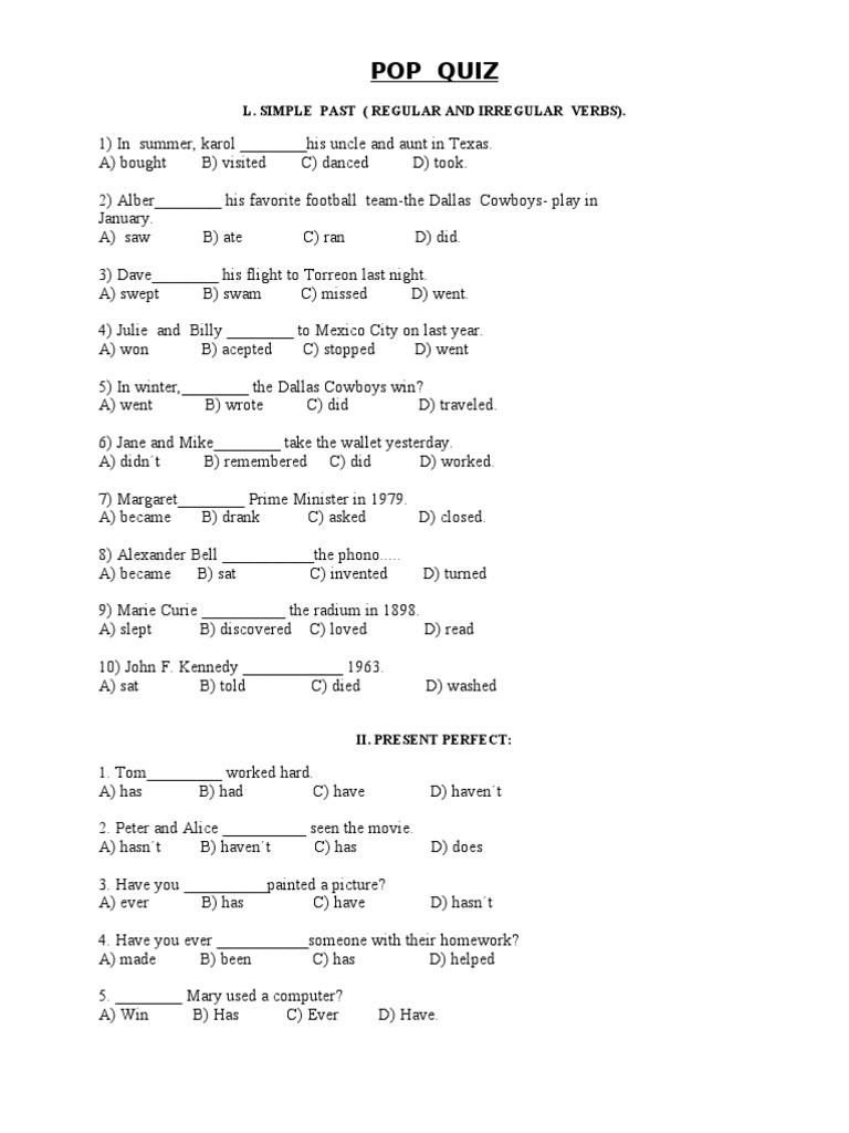 Simple Past, Present Perfect, and Future Tense Quiz | PDF