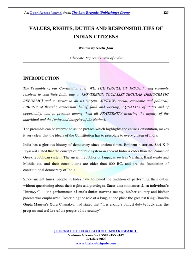 Values, Rights, Duties and Responsibilities of Indian Citizens | PDF | Legal Documents | Ethical ...