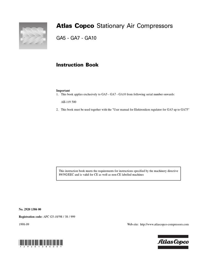 Atlas Copco Stationary Air Compressors: GA5 - GA7 - GA10 | PDF | Menu (Computing) | Valve