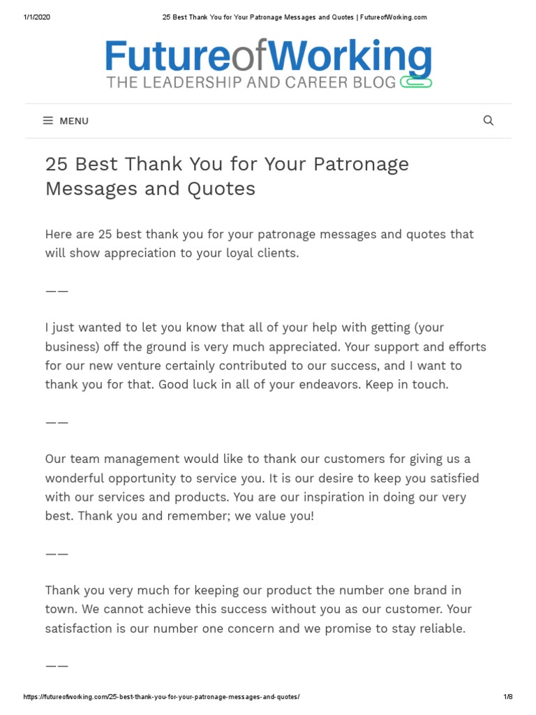 25 Best Thank You For Your Patronage Messages | PDF | Career & Growth