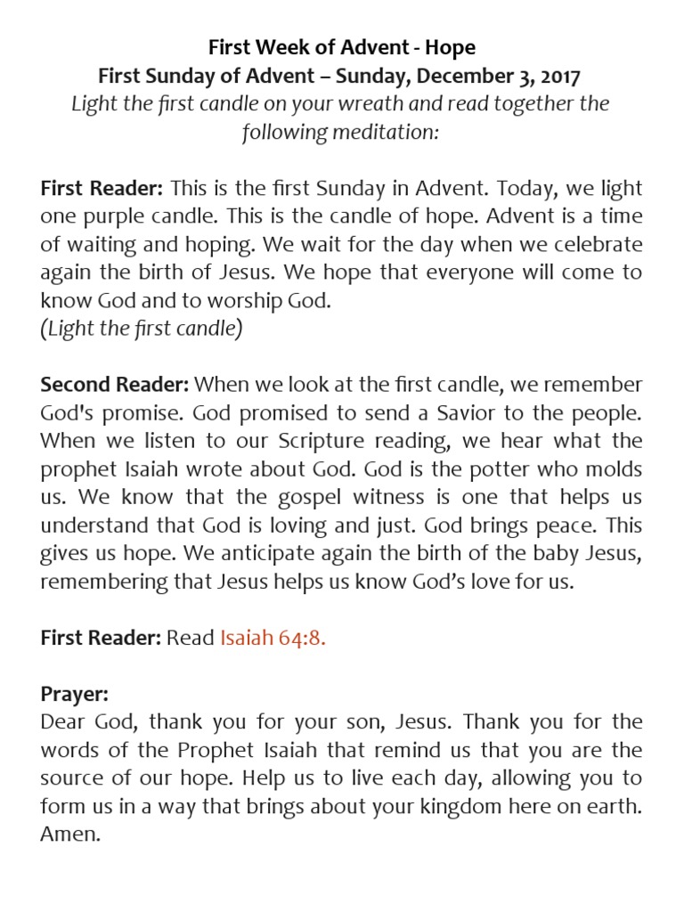 Light The First Candle On Your Wreath and Read Together The Following ...