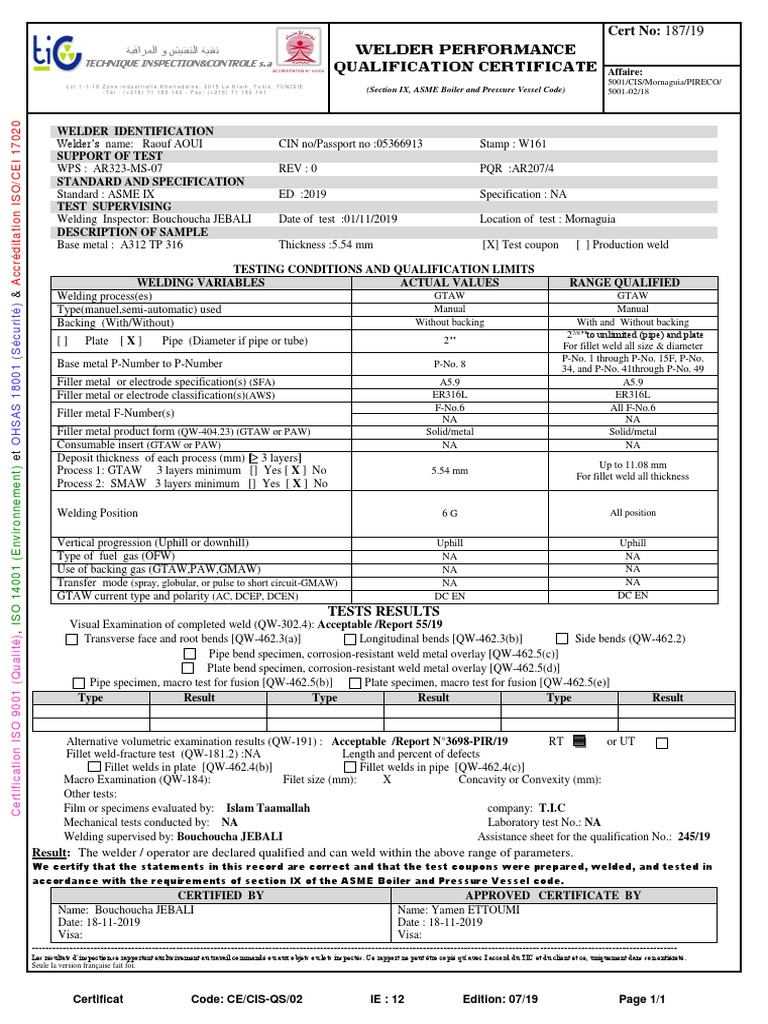 Welder Qualification Certificate for Raouf AOUI Detailing Performance ...