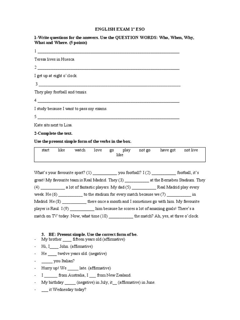 English Exam 1º Eso 1-Write Questions For The Answers. Use The QUESTION ...