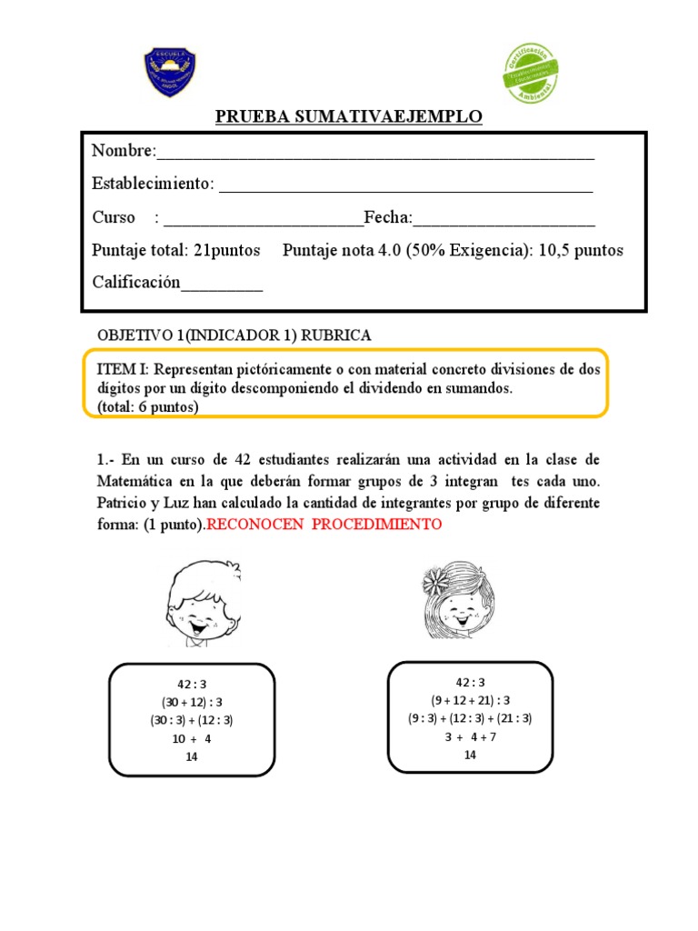 Prueba de Divisiones para Cuarto Grado | PDF | División (Matemáticas ...