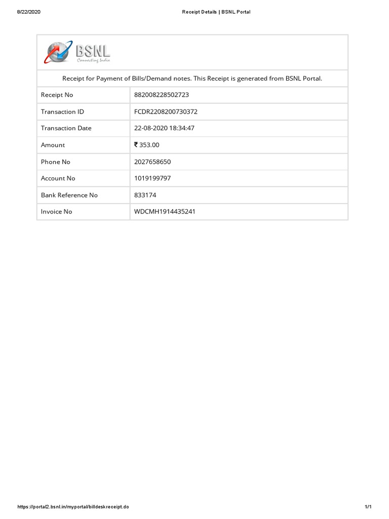 Receipt Details - BSNL Portal - July Bill PAyment Receipt | PDF