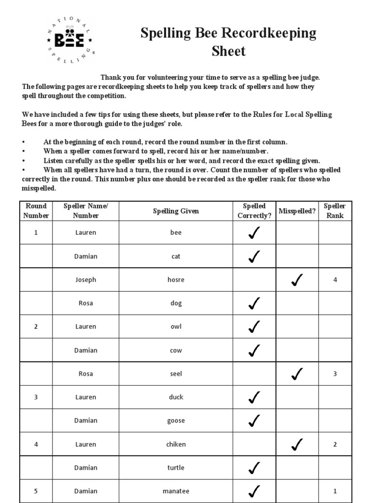 Spelling Bee Recordkeeping Sheet - 0 | PDF | Spelling | Orthography