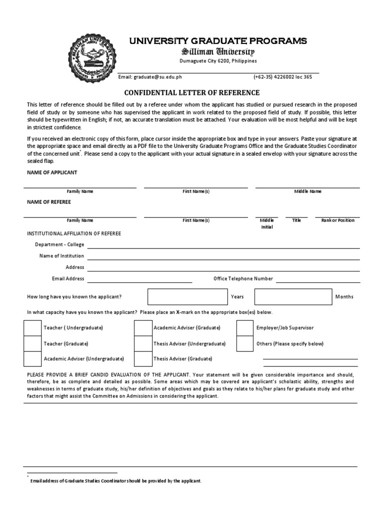 Graduate Reference Letter Form | PDF | Graduate School | Thesis