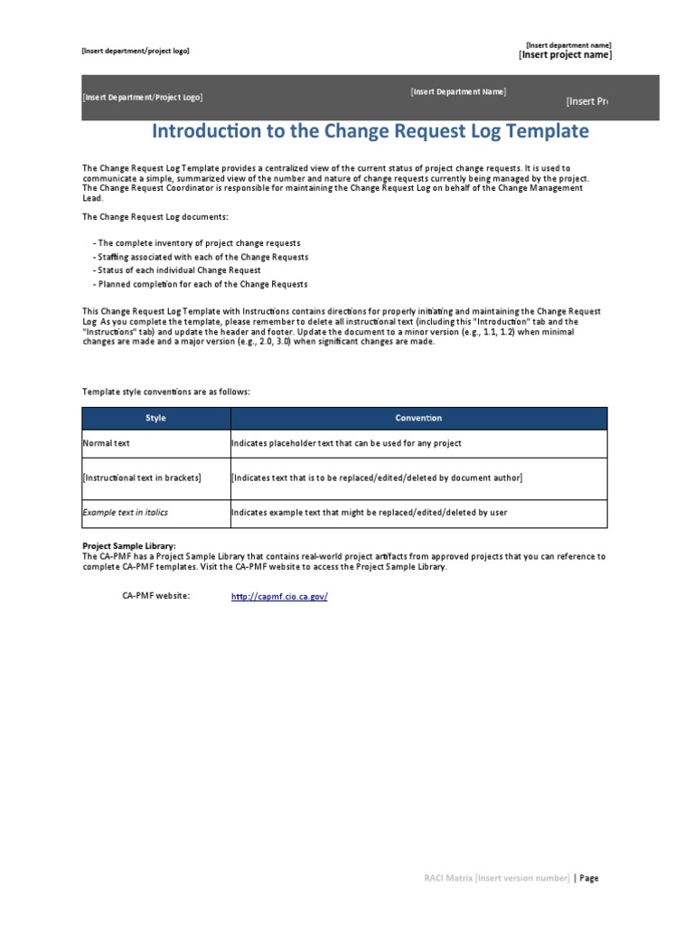 Introduction To The Change Request Log Template: (Insert Department ...