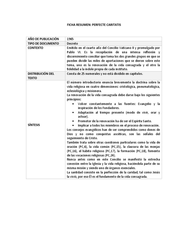 Ficha Del Texto Perfectae Caritatis | PDF