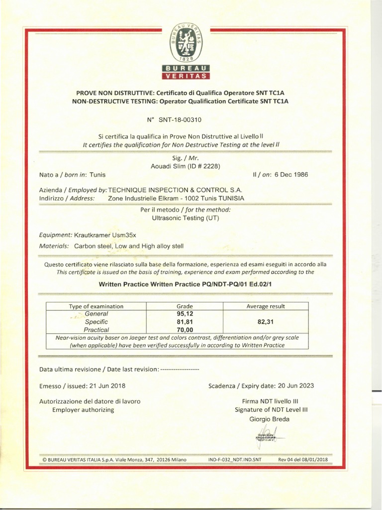 Prove Non Distruttive: Certificato Di Qualifica Operatore SNT Tcla Non ...