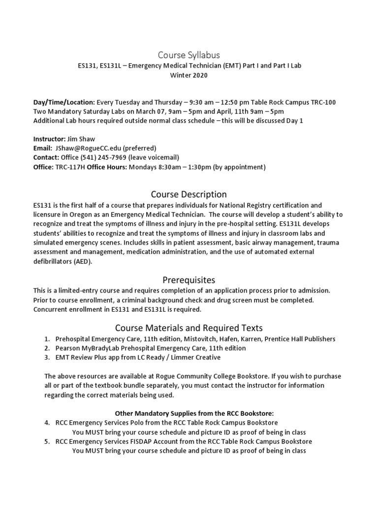 Course Syllabus: ES131, ES131L - Emergency Medical Technician (EMT ...