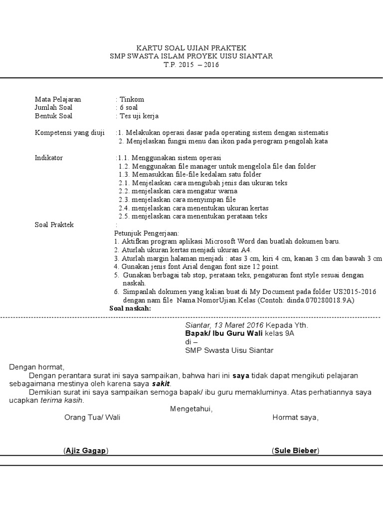 KARTU SOAL UJIAN PRAKTEK Tik | PDF