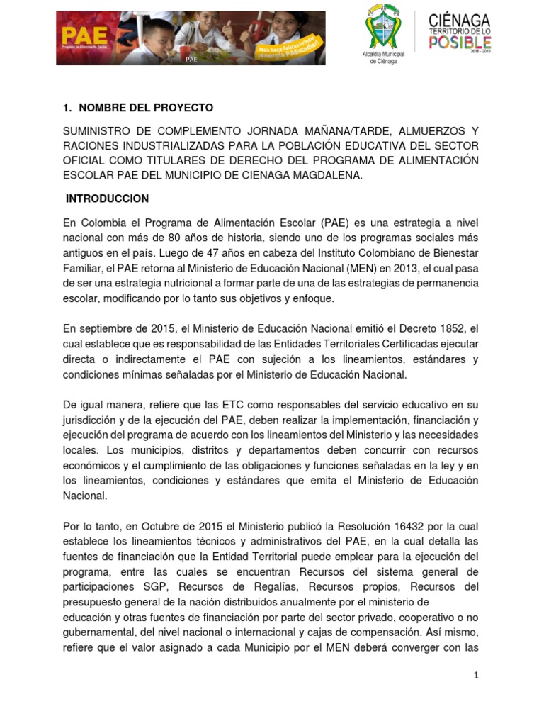 Proyecto Pae | PDF | Alimentos | Nutrición