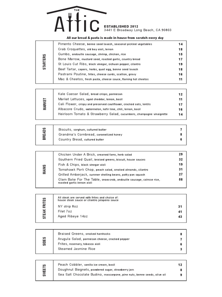 Menu Attic Dinner Current 8-30-20 | PDF | French Fries | Salad