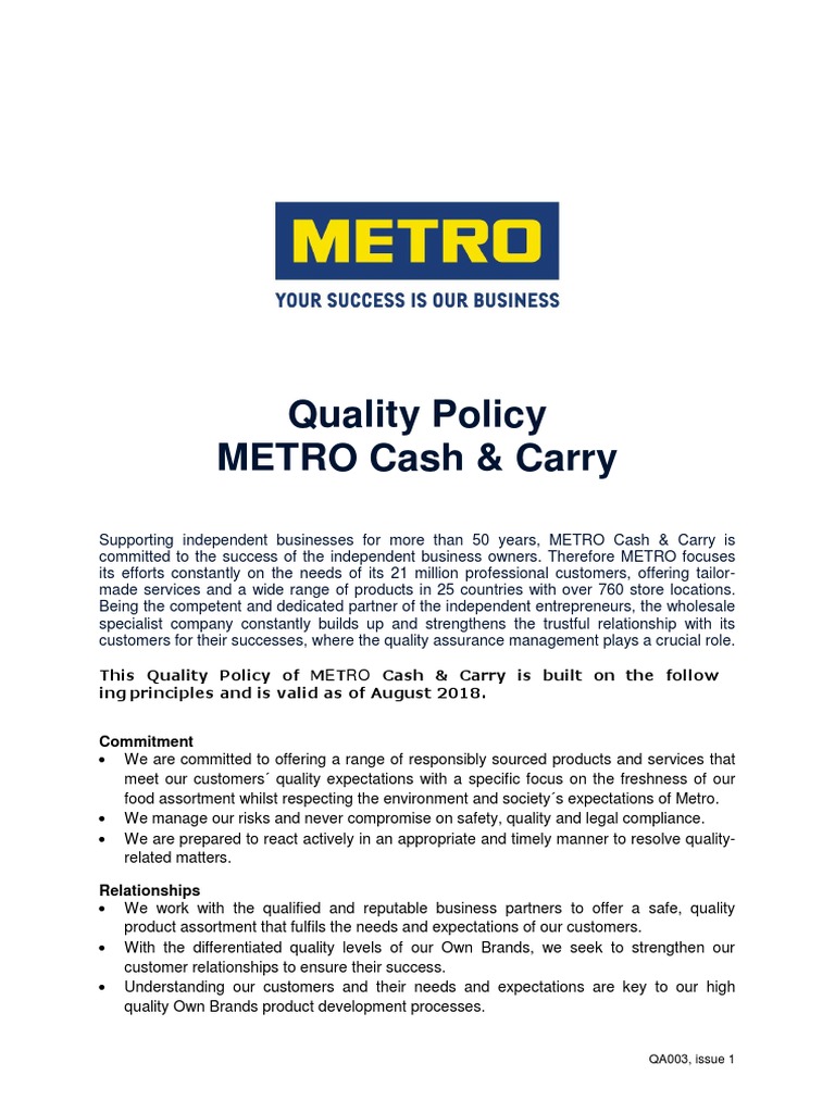 METRO Cash & Carry Quality Policy | PDF | Quality Management | Leadership