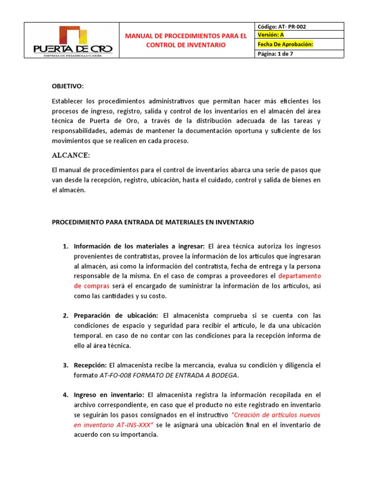 Manual de Procedimientos para El Control de Inventario | PDF | Almacén ...