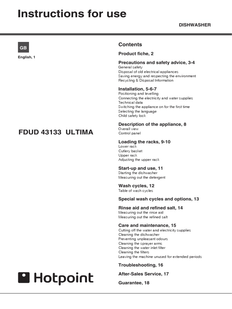 Hotpoint Dishwasher User Manual FDUD 43133 | PDF | Ac Power Plugs And ...