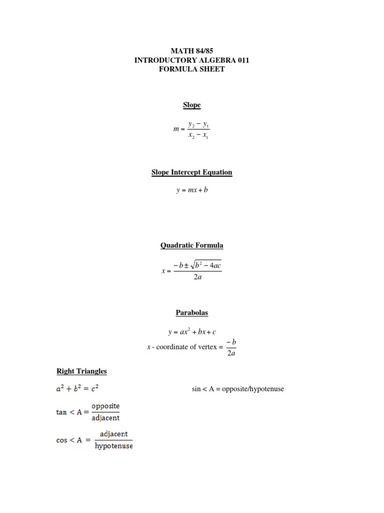 MATH 84/85 Introductory Algebra 011 Formula Sheet: X X y y M | PDF