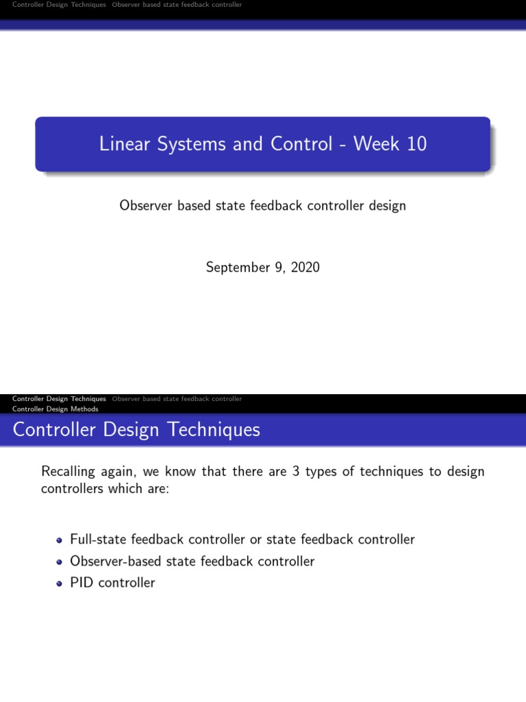 Linear Systems and Control - Week 10: Observer Based State Feedback Controller Design | Download ...