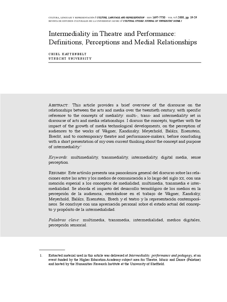 Kattenbelt - Intermediality in Theatre and Performance | PDF | Representation (Arts) | Mass Media